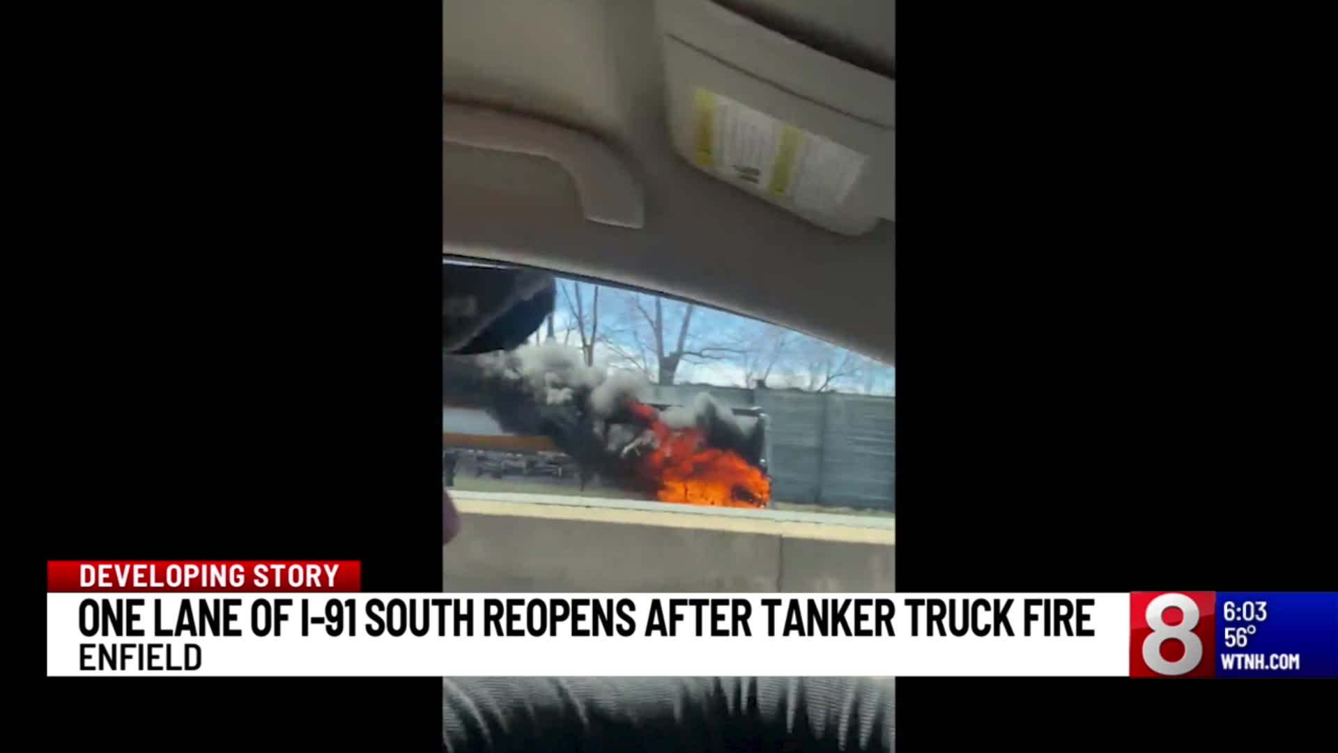 Lanes shut down on I-91 in Enfield after tanker truck fire – WTNH.com