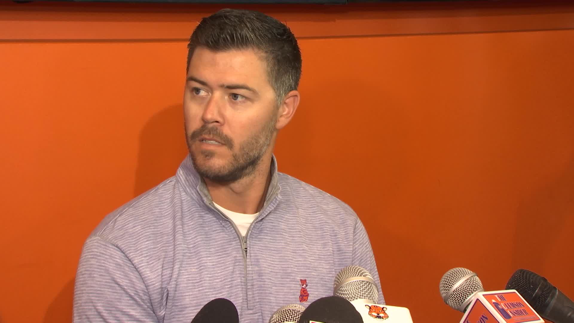 Clemson offensive coordinator Garrett Riley visits with the media ...